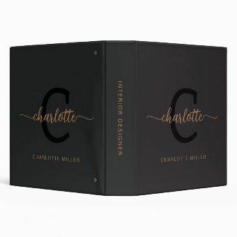 Elegant Monogram Black Gold Script Office School 3 Ring Binder | Zazzle