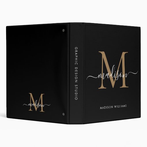 Elegant Monogram Black Gold Script Office School 3 Ring Binder | Zazzle
