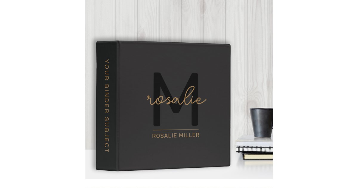 Elegant Monogram Black Gold Script Office School 3 Ring Binder | Zazzle