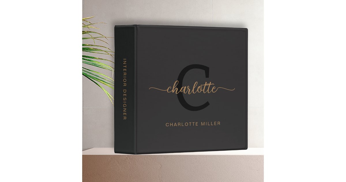 Elegant Monogram Black Gold Script Office School 3 Ring Binder | Zazzle