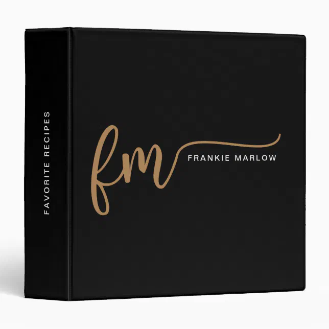 Elegant Monogram Black Gold Script Signature 3 Ring Binder | Zazzle