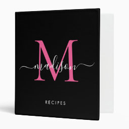 Elegant Monogram Black Hot Pink Script Name Recipe 3 Ring Binder | Zazzle