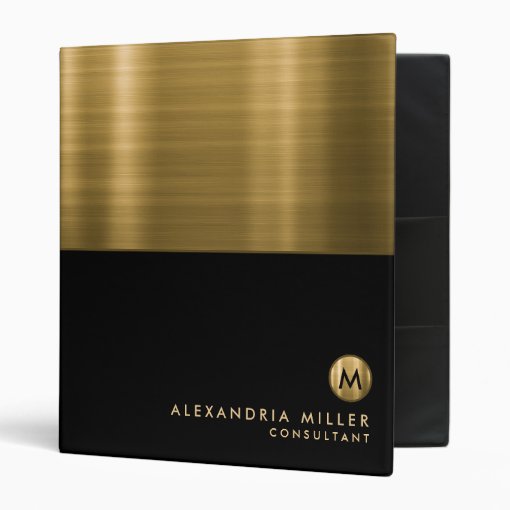 Elegant Monogram Black Metallic Gold Office School 3 Ring Binder | Zazzle