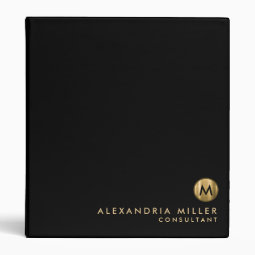 Elegant Monogram Black Metallic Gold Office School 3 Ring Binder | Zazzle