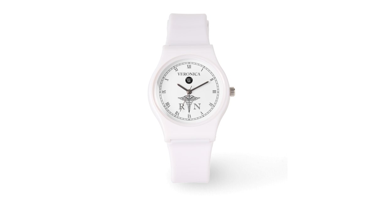Elegant Monogram Black|White Face Nurse Watch | Zazzle