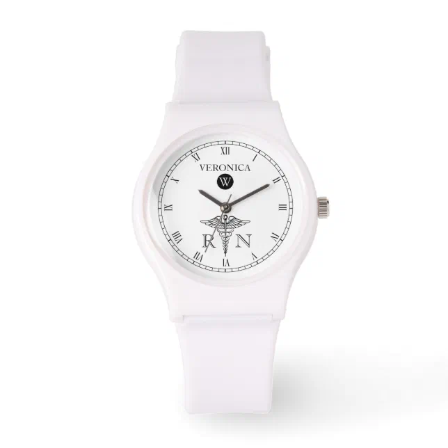 Elegant Monogram Black|White Face Nurse Watch | Zazzle