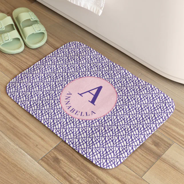 Elegant Monogram Blue Abstract Lines Bath Mat | Zazzle