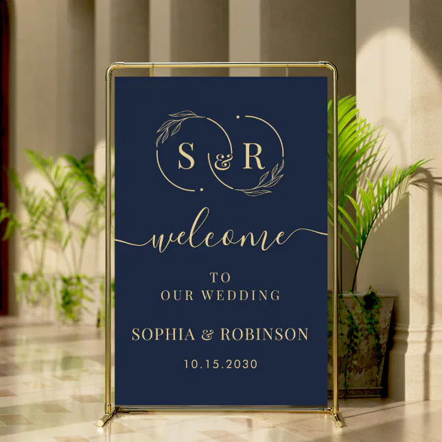 Elegant Monogram Blue Gold Wedding Welcome Sign | Zazzle