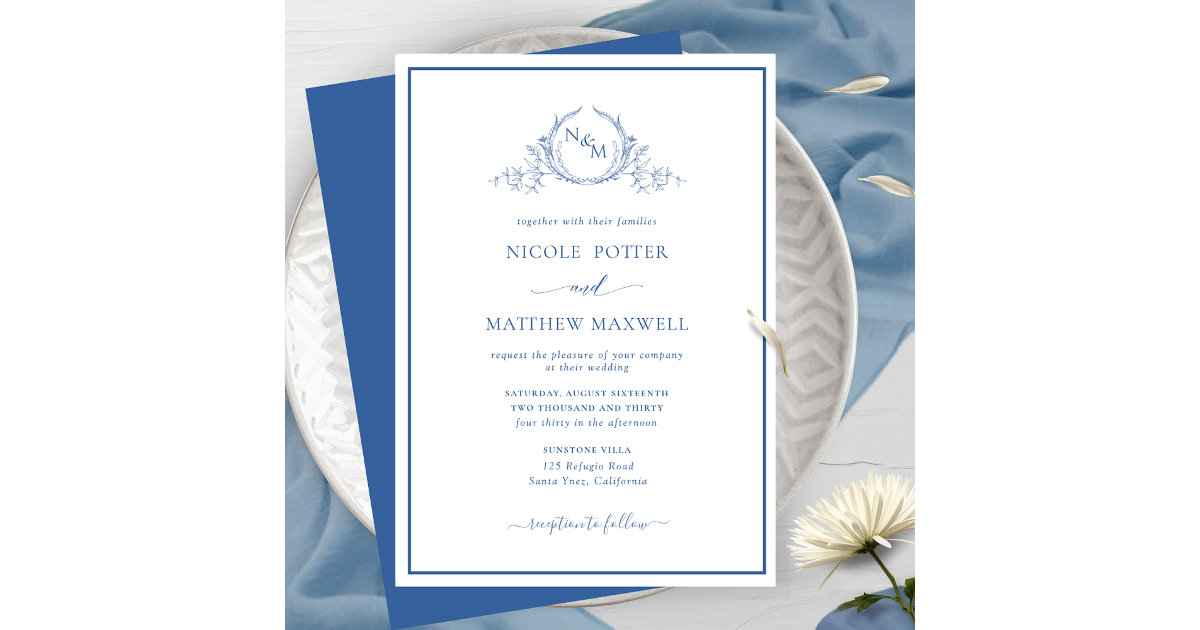 Elegant Monogram Blue Wedding Invitation | Zazzle