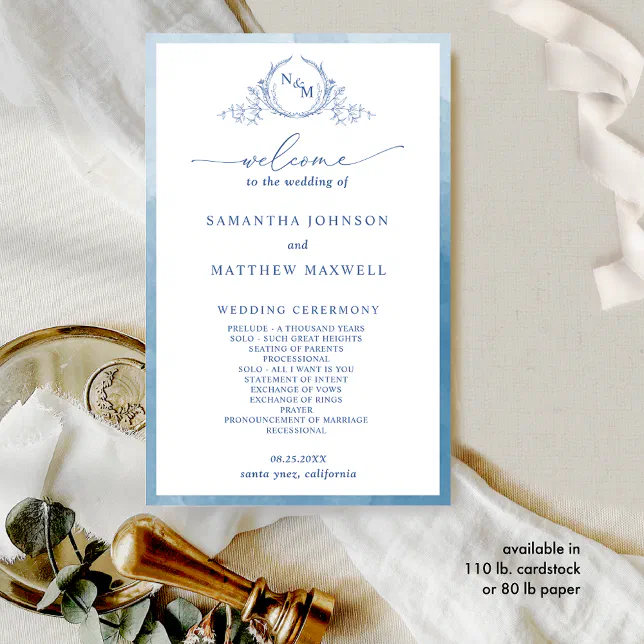 Elegant Monogram Blue Wedding Program | Zazzle