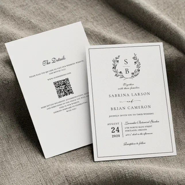 Elegant Monogram Botanical Wreath QR Code Wedding Invitation | Zazzle