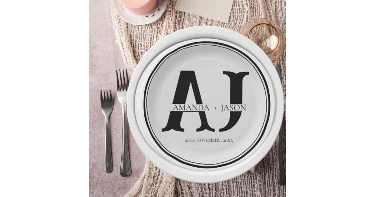 Elegant Monogram Bride Groom Names Wedding Party Paper Plates | Zazzle