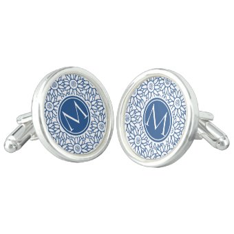 Elegant Monogram Classic Blue Sunflower Cufflinks | Zazzle