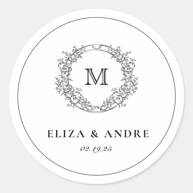 Elegant Monogram Crest Black and White Wedding Cl Classic Round Sticker ...