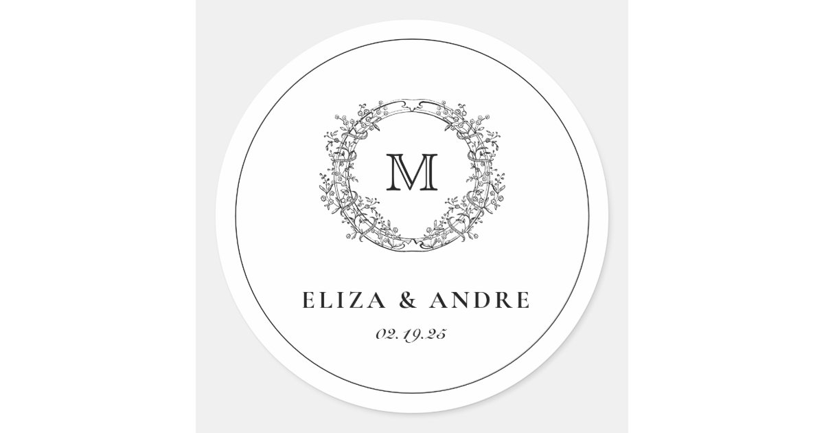 Elegant Monogram Crest Black and White Wedding Cl Classic Round Sticker ...