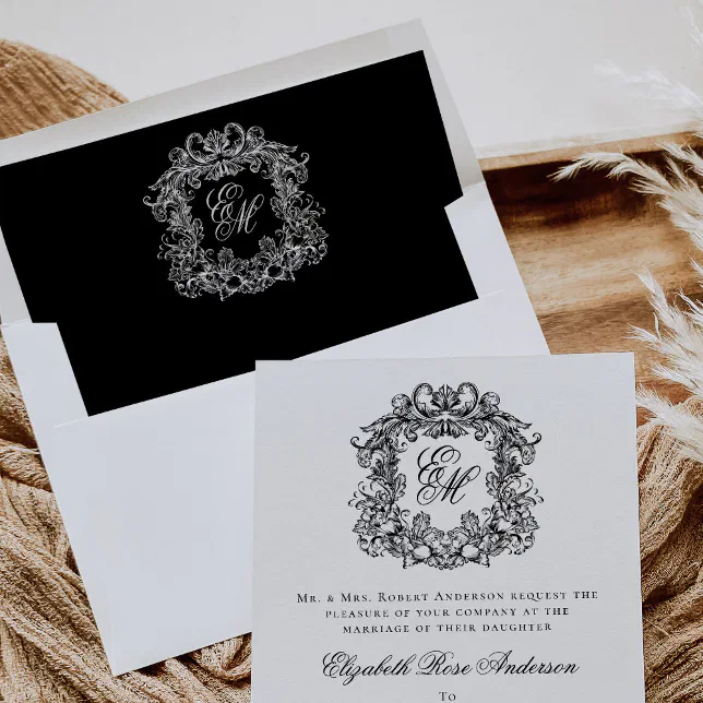 Elegant Monogram Crest Black Wedding Envelope Liner | Zazzle