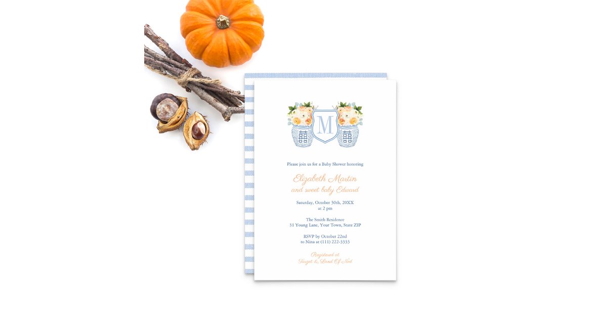 Elegant Monogram Crest Fall Baby Shower Party Invitation | Zazzle