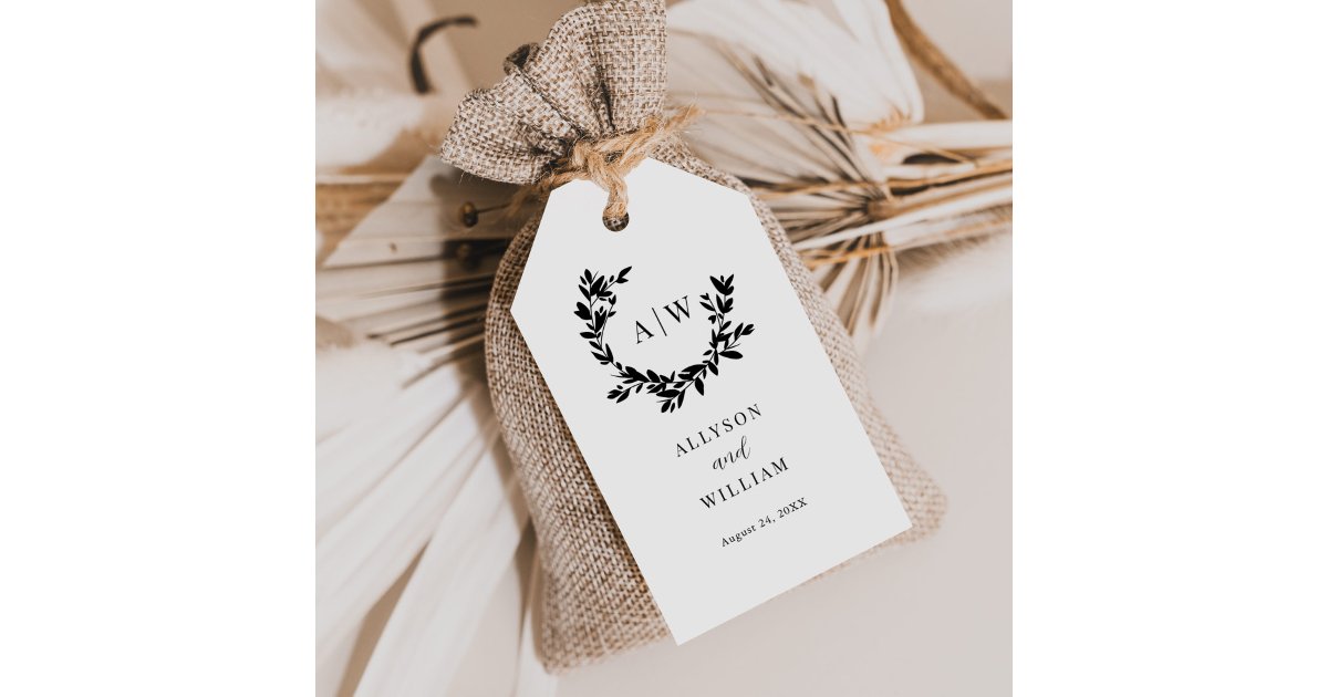Elegant Monogram Crest Photo Botanical Wedding Gift Tags | Zazzle