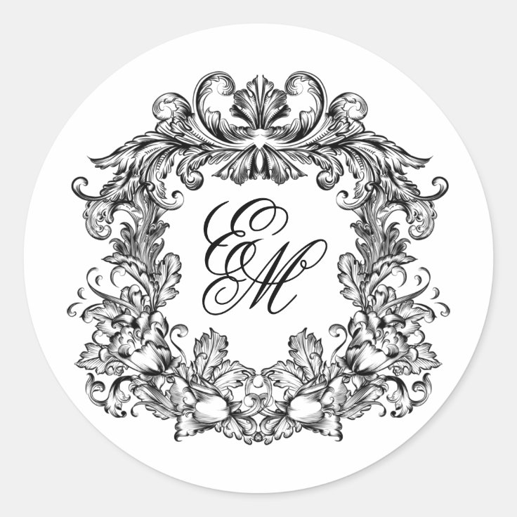 Elegant Monogram Crest Vintage Wedding Classic Round Sticker | Zazzle