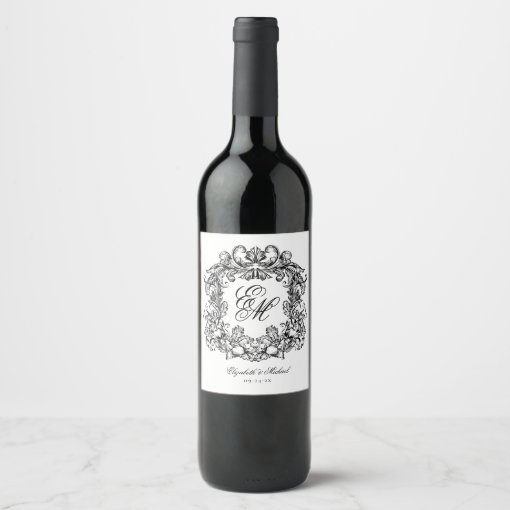 Elegant Monogram Crest Vintage Wedding Wine Label | Zazzle