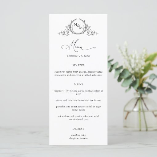 Elegant Monogram Crown Crest Wedding Menu | Zazzle