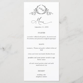 Elegant Monogram Crown Crest Wedding Menu | Zazzle