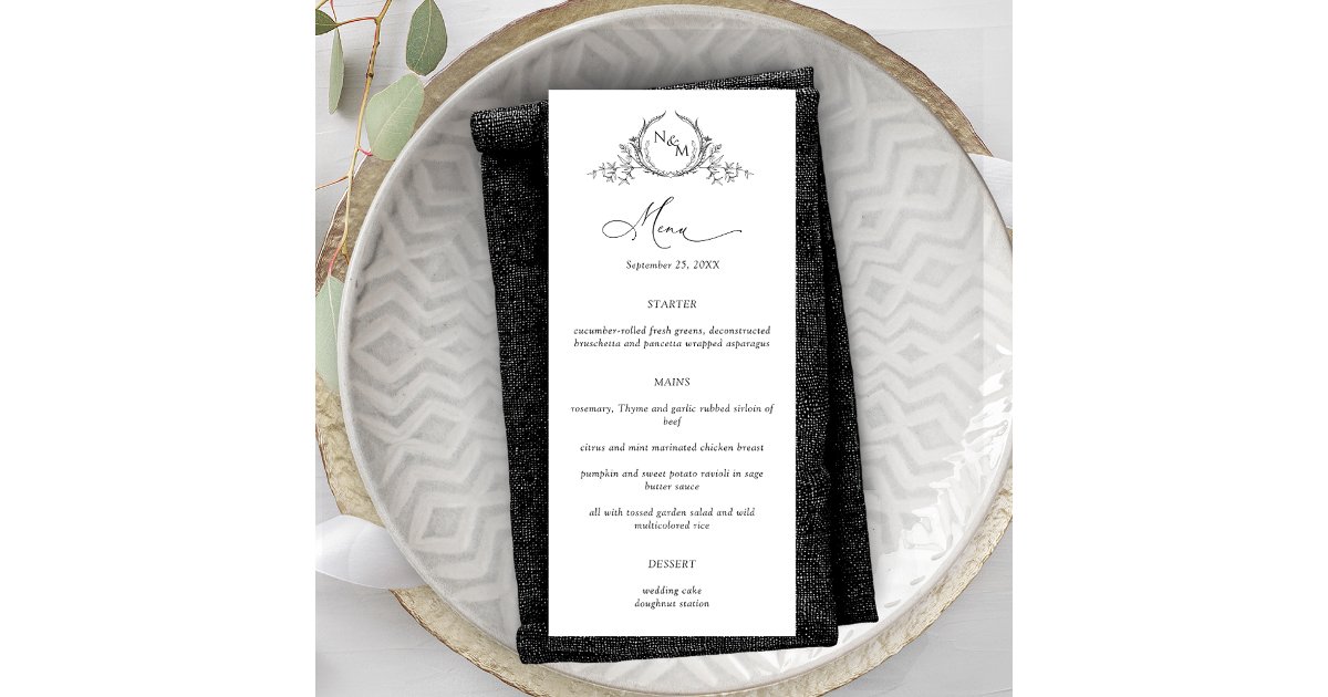Elegant Monogram Crown Crest Wedding Menu | Zazzle
