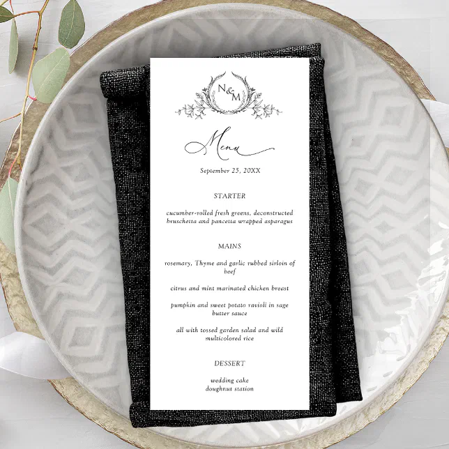 Elegant Monogram Crown Crest Wedding Menu | Zazzle