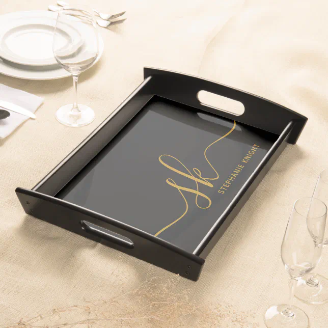 Elegant Monogram Custom Name Gold Script Serving Tray | Zazzle