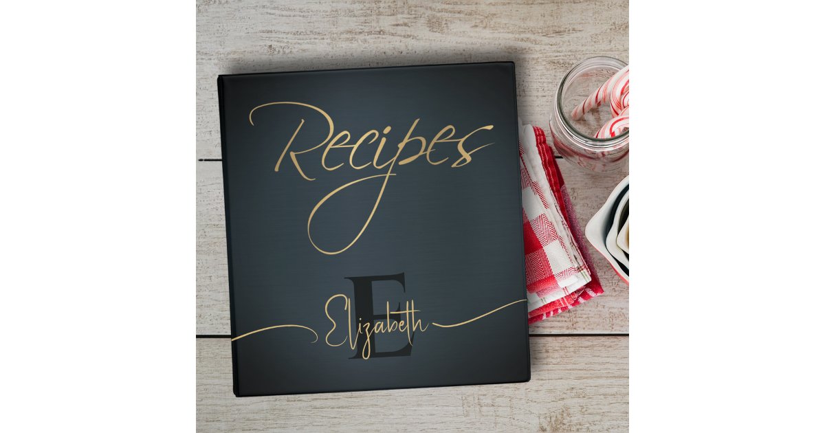 Elegant Monogram Dark Blue Script Recipe Name 3 Ring Binder | Zazzle