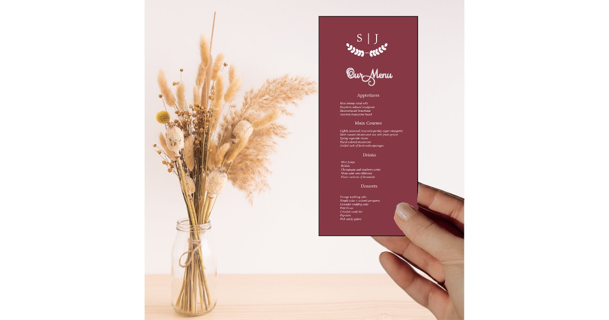Elegant Monogram Dark Red Jewel Tone Dinner Menu | Zazzle