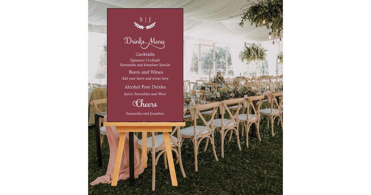 Elegant Monogram Dark Red Jewel Tone Drinks Menu Foam Board | Zazzle