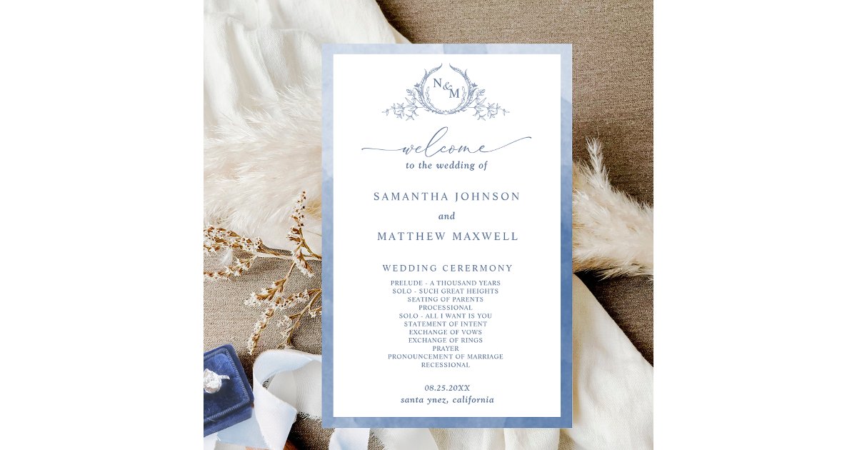Elegant Monogram Dusty Blue Wedding Program | Zazzle