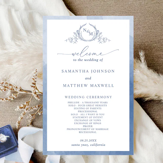Elegant Monogram Dusty Blue Wedding Program | Zazzle