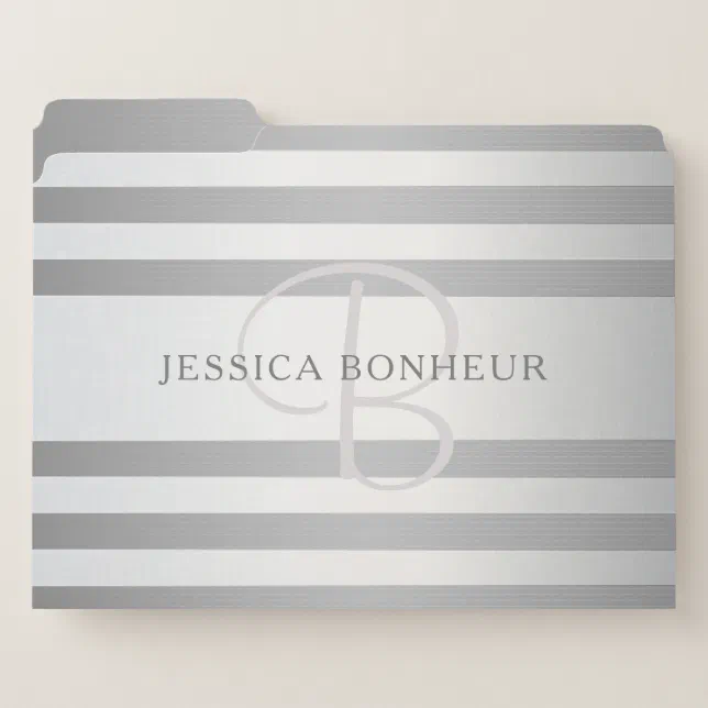 Elegant Monogram Faux Silver Gradient Grey Stripes File Folder | Zazzle
