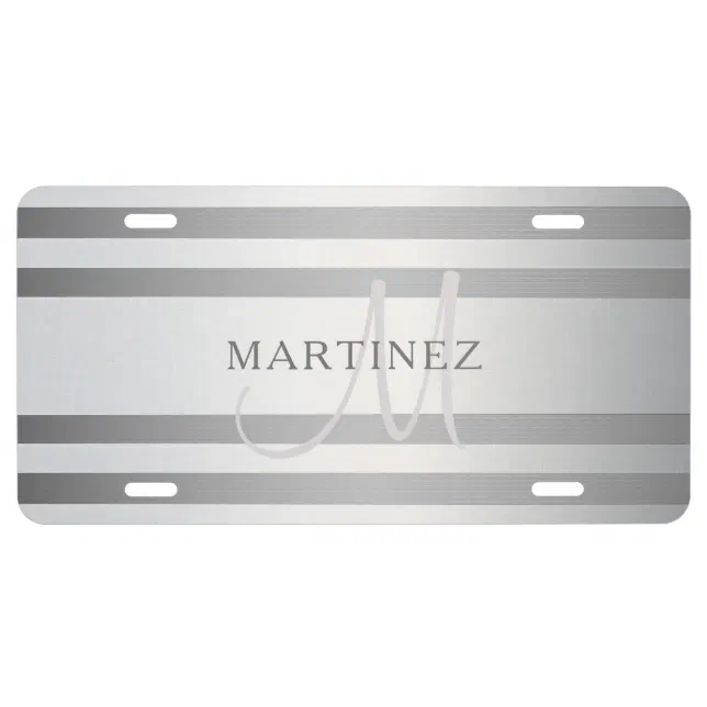 Elegant Monogram Faux Silver Gradient Grey Stripes License Plate | Zazzle