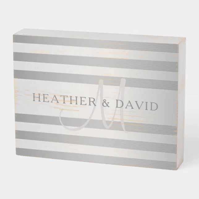 Elegant Monogram Faux Silver Gradient Grey Stripes Wooden Box Sign | Zazzle
