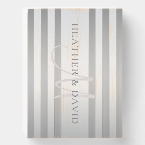 Elegant Monogram Faux Silver Gradient Grey Stripes Wooden Box Sign | Zazzle
