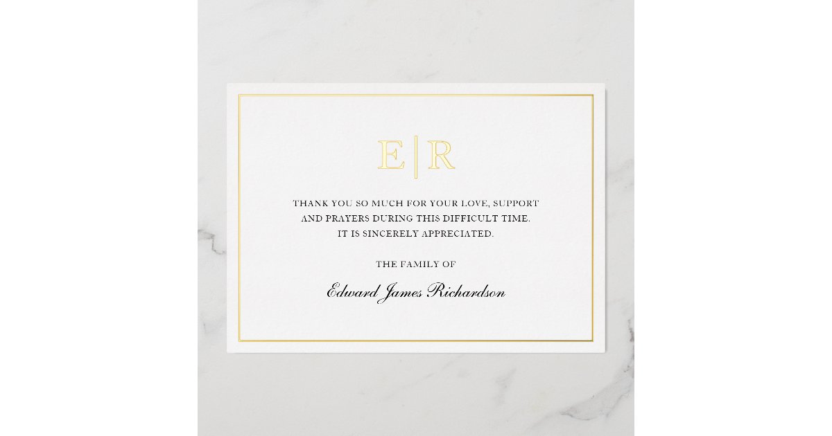 Elegant Monogram Gold Foil Funeral Thank You Card | Zazzle