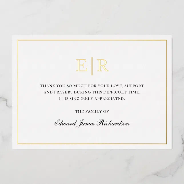 Elegant Monogram Gold Foil Funeral Thank You Card | Zazzle