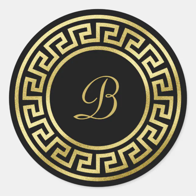Elegant Monogram Gold Glitter Greek Key Black Classic Round Sticker ...