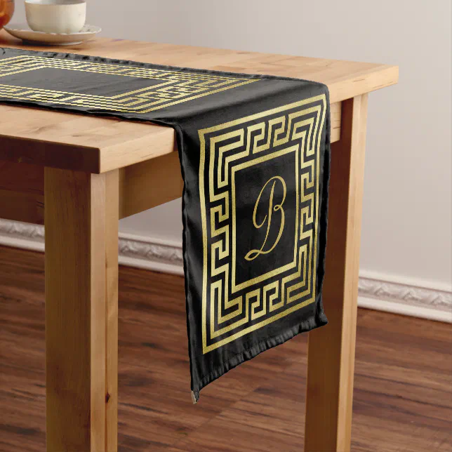 Elegant Monogram Gold Glitter Greek Key Black Short Table Runner | Zazzle
