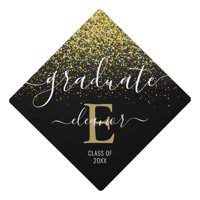 Elegant Monogram Gold Glitter Sparkles Name Graduation Cap Topper | Zazzle