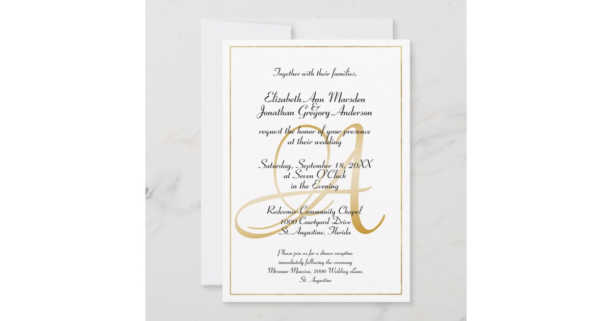 Elegant Monogram Gold Script Calligraphy Wedding Invitation | Zazzle