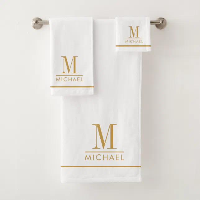 Elegant Monogram Gold Script Name White Bath Towel Set | Zazzle