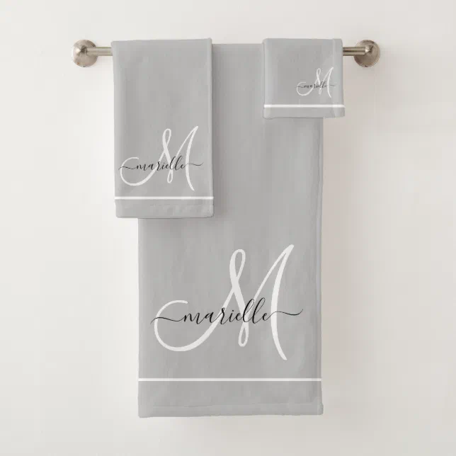 Elegant Monogram Gray White Script Name Bath Towel Set | Zazzle