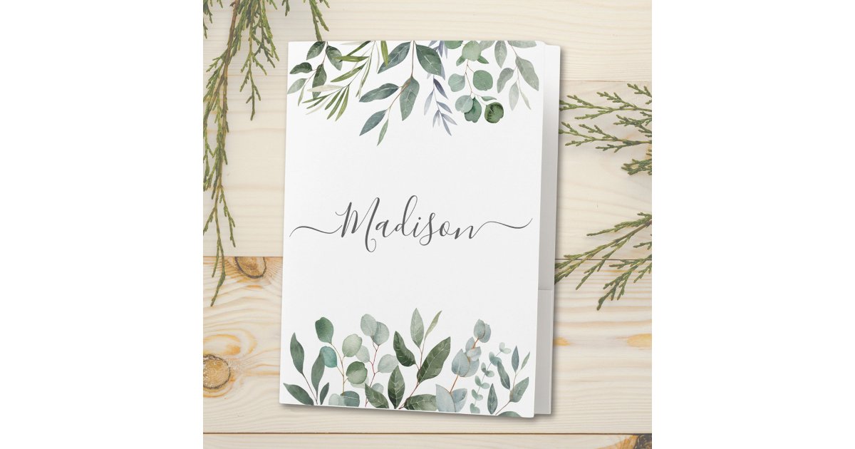 Elegant Monogram Green Eucalyptus Tropical Leaves Pocket Folder | Zazzle