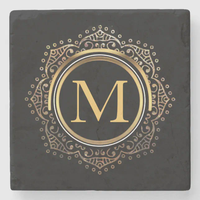 Elegant Monogram Initial | Black Gold Monogrammed Stone Coaster | Zazzle