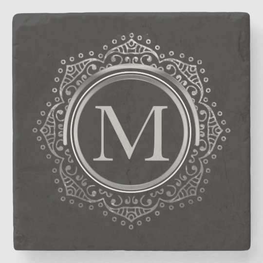 Elegant Monogram Initial Black Silver Monogrammed Stone Coaster ...