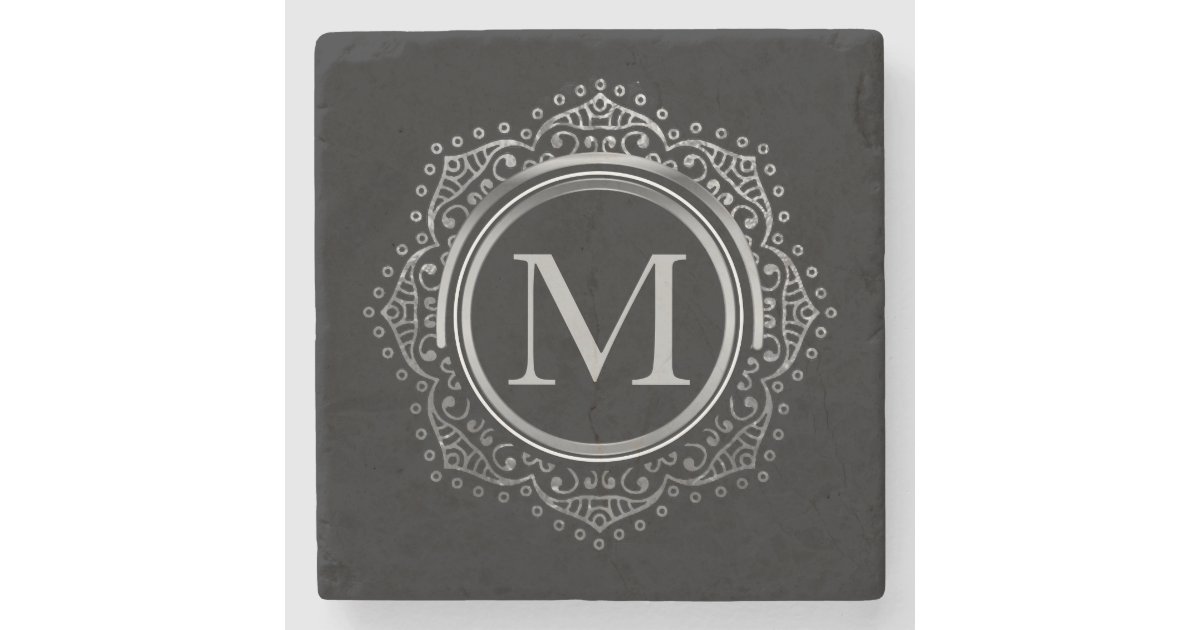 Elegant Monogram Initial Black Silver Monogrammed Stone Coaster | Zazzle